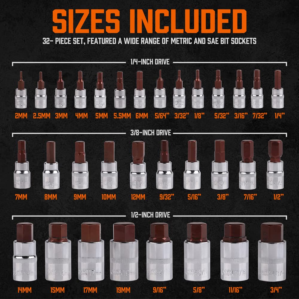 HORUSDY Allen Socket Set | 32-Piece Hex Bit Socket Set | S2 Steel Socket | SAE and Metric | 1/4", 3/8", & 1/2" Drives