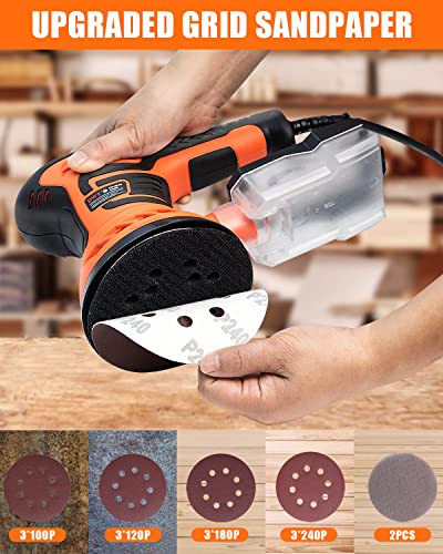 Random Orbital Sander, DWT 2.8A 350W Power Orbital Sander with 7 Variable Speed, 14Pcs Sanding Discs(2Pcs Upgrade Dust-free Sandpaper), Cyclone Box, 5-Inch Corded Electric Sander for Sanding Wood/Rust