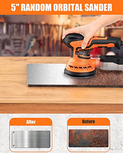 Random Orbital Sander, DWT 2.8A 350W Power Orbital Sander with 7 Variable Speed, 14Pcs Sanding Discs(2Pcs Upgrade Dust-free Sandpaper), Cyclone Box, 5-Inch Corded Electric Sander for Sanding Wood/Rust