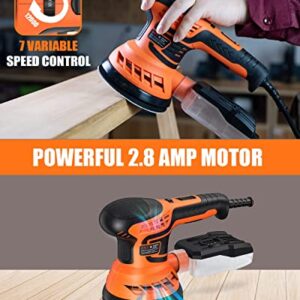 Random Orbital Sander, DWT 2.8A 350W Power Orbital Sander with 7 Variable Speed, 14Pcs Sanding Discs(2Pcs Upgrade Dust-free Sandpaper), Cyclone Box, 5-Inch Corded Electric Sander for Sanding Wood/Rust