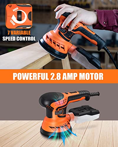 Random Orbital Sander, DWT 2.8A 350W Power Orbital Sander with 7 Variable Speed, 14Pcs Sanding Discs(2Pcs Upgrade Dust-free Sandpaper), Cyclone Box, 5-Inch Corded Electric Sander for Sanding Wood/Rust