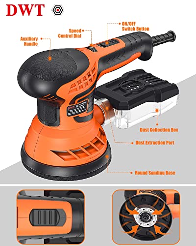 Random Orbital Sander, DWT 2.8A 350W Power Orbital Sander with 7 Variable Speed, 14Pcs Sanding Discs(2Pcs Upgrade Dust-free Sandpaper), Cyclone Box, 5-Inch Corded Electric Sander for Sanding Wood/Rust