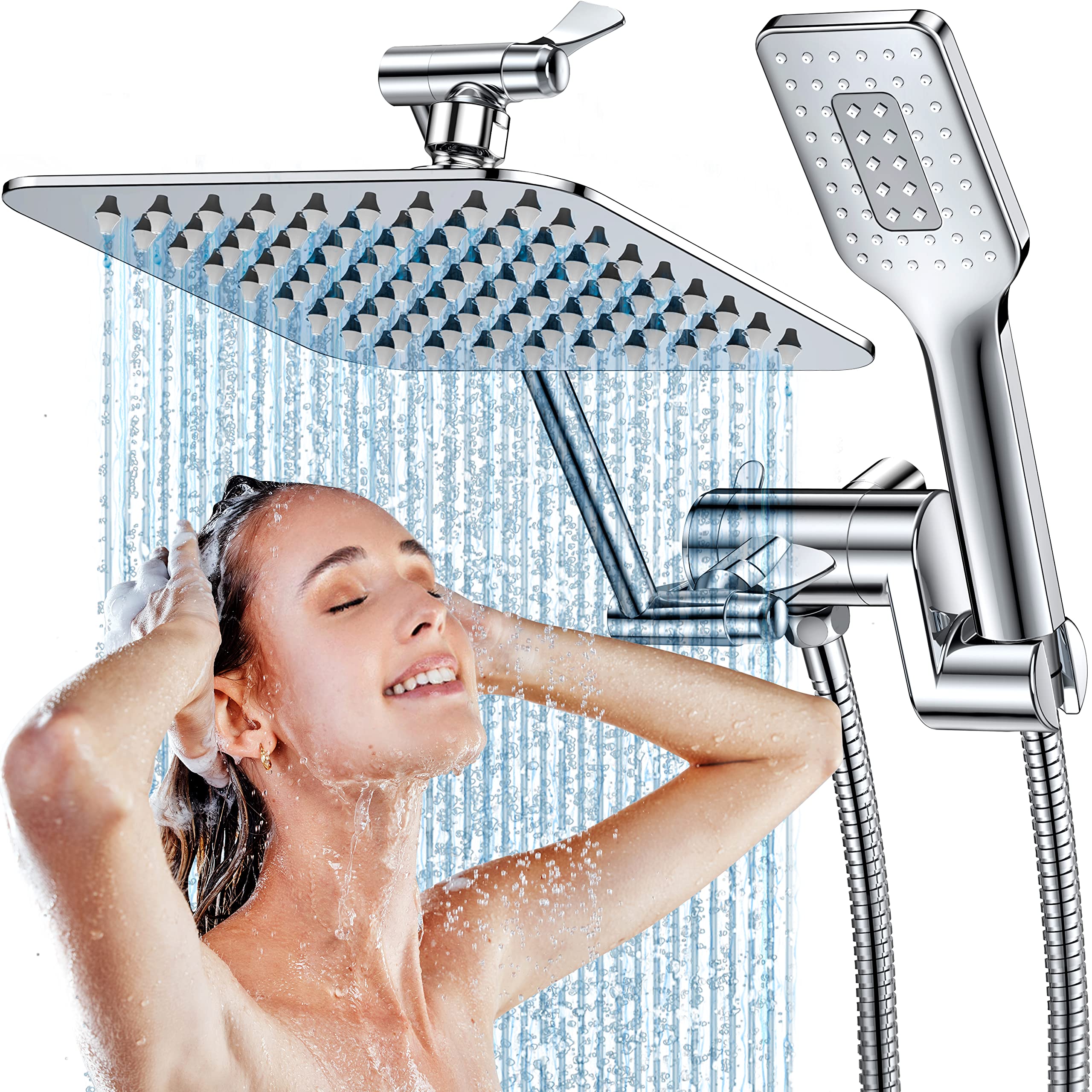 Shower Head with Handheld, Shawilk 8’’ High Pressure Rain shower Head with Adjustable Extension Arm Dual Square Shower Head Combo With 3 Spray Settings, 5ft Shower Hose, Anti-leak & Easy Installation