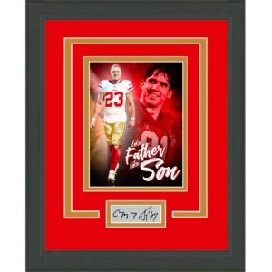 framed christian mccaffrey and ed mccaffrey facsimile laser engraved signature dual auto san francisco 49ers 14x17 football photo