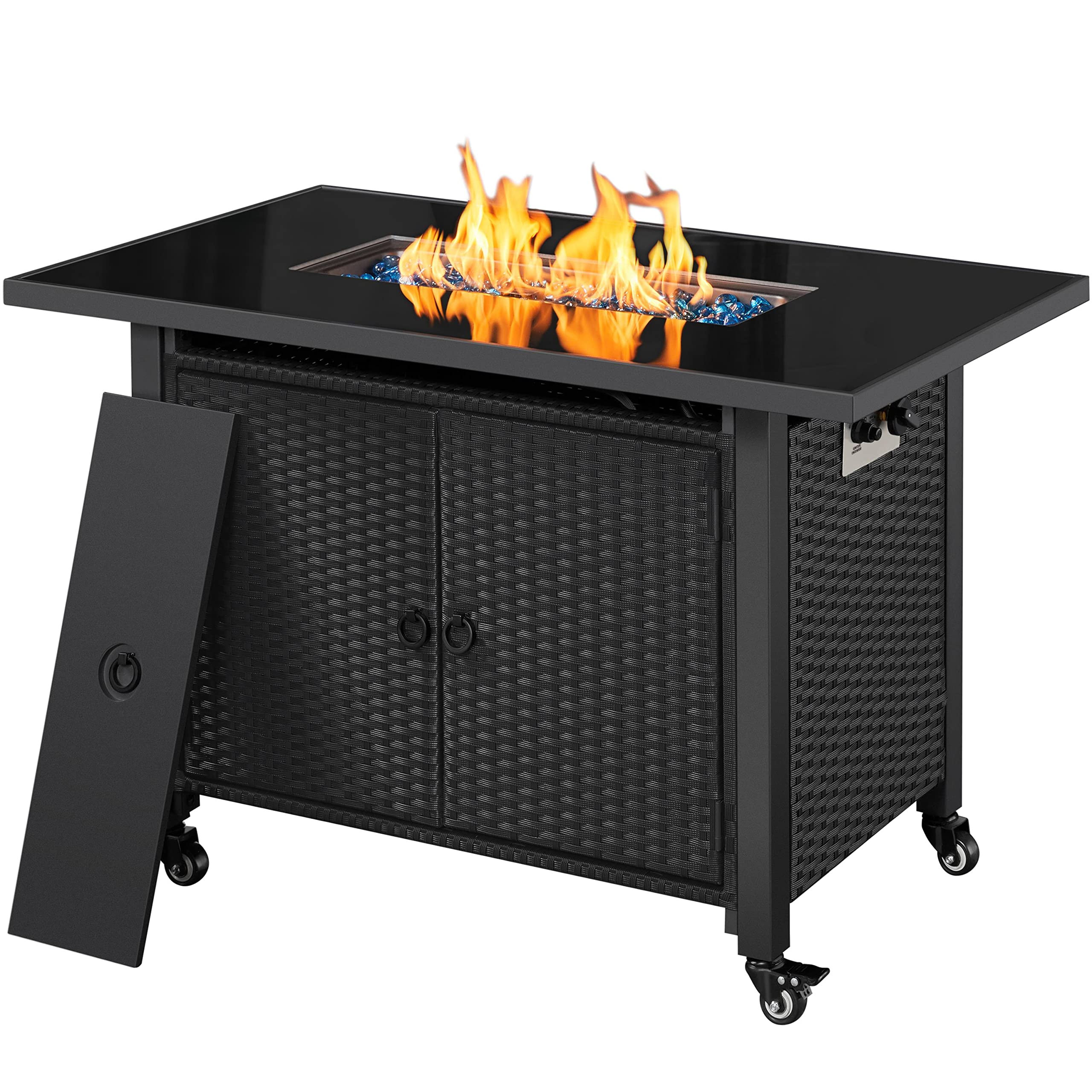 Yaheetech 43in Fire Pit Propane Fire Pit 50,000 BTU Gas Fire Pit Table with Two Storage Shelves, Glass Tabletop, Rattan Wicker Base and Waterproof Cover for Garden/Patio, CSA Certification