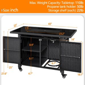 Yaheetech 43in Fire Pit Propane Fire Pit 50,000 BTU Gas Fire Pit Table with Two Storage Shelves, Glass Tabletop, Rattan Wicker Base and Waterproof Cover for Garden/Patio, CSA Certification