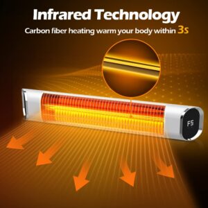 Infrared Patio Heater Electric Outdoor Heater 3s Instant Warm Quiet Gold Tube with 9 Level Temperature Remote Control 24-Hour Timer LED Display, Wall-Mounted for Room, Garage, Courtyard