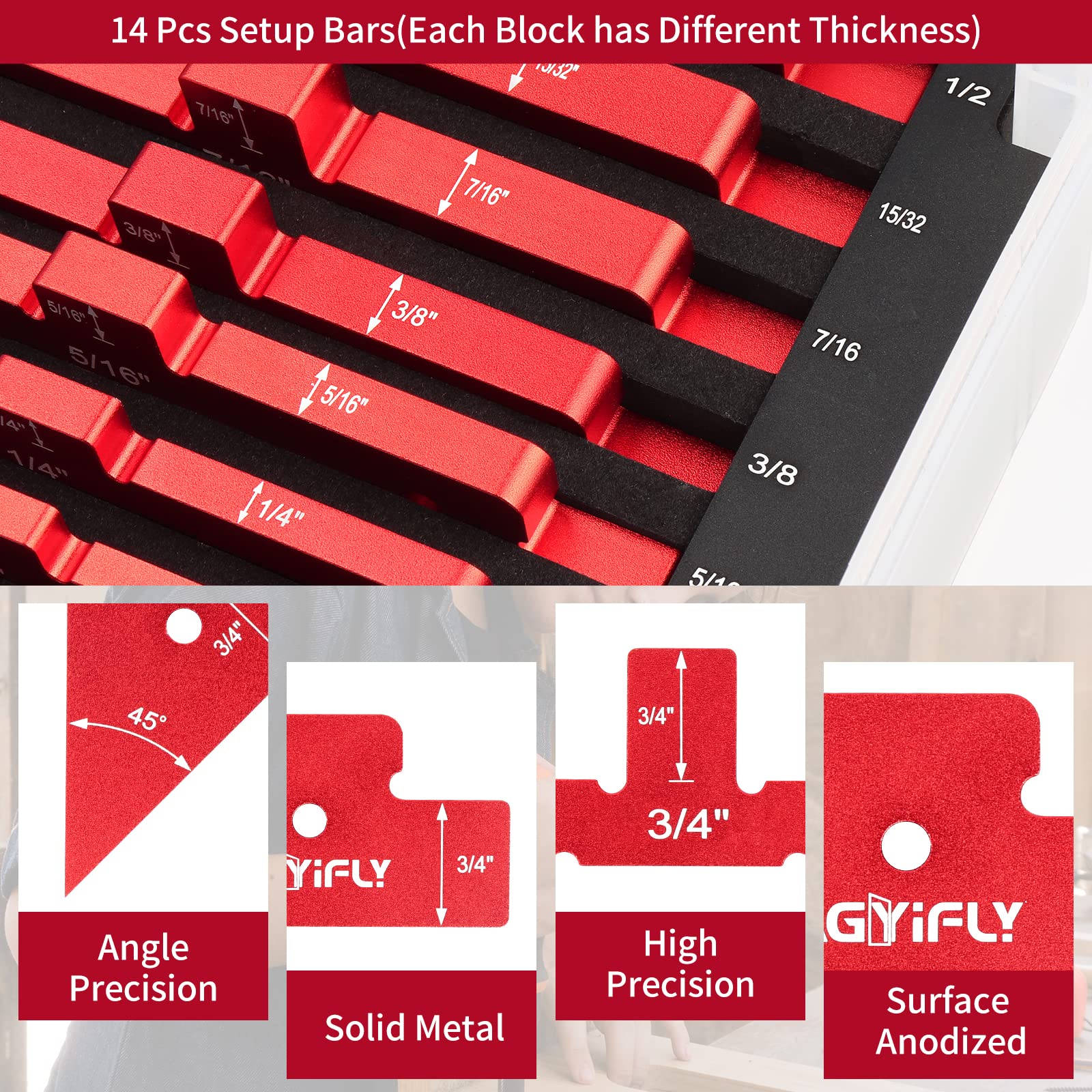 KAGYIFLY Setup Blocks Woodworking, 14pcs Aluminum Setup Blocks Height Gauge Set for Router Table Saw and Angle Measure Set up (Each Setup Bars has Different Thickness)