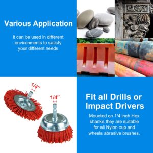 SALI 6 Pack Nylon Filament Abrasive Wire Brush Wheel & Cup Brush Set with 1/4 Inch Hex Shank, 6 Sizes Nylon Drill Brush Set for Removal of Rust Corrosion Paint