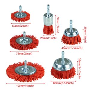 SALI 6 Pack Nylon Filament Abrasive Wire Brush Wheel & Cup Brush Set with 1/4 Inch Hex Shank, 6 Sizes Nylon Drill Brush Set for Removal of Rust Corrosion Paint