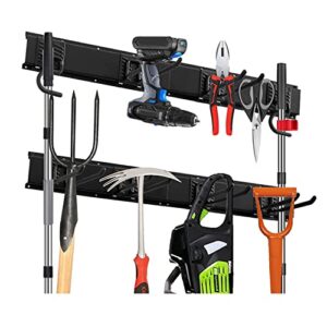 Garage Tool Organizer Wall Mount, 12 PCS Garden Tool Rack Garage Storage, 8 Heavy Duty Adjustable Hooks Steel and 4 Rails Aluminum, 450 LBS Max Load