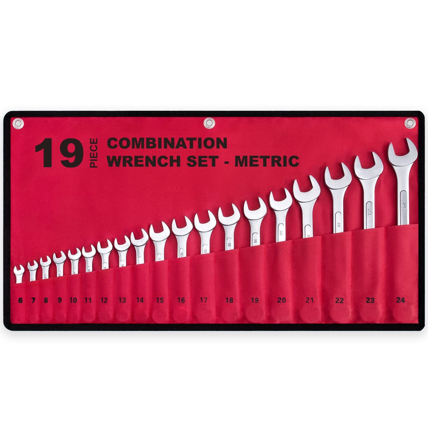 19-Piece Metric Combination Wrench Set, 6mm - 24mm Sizes | Roll-up Pouch, Ideal for Household, Garage, Workshop, Auto Repairs