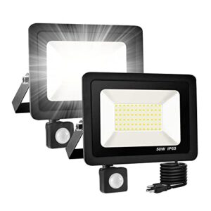 unusroom 2 pack 50w led flood light outdoor,7000lm led security lights motion sensor light outdoor,6500k, outdoor floodlights,plug in motion light outdoor,motion detector flood light for garage, yard