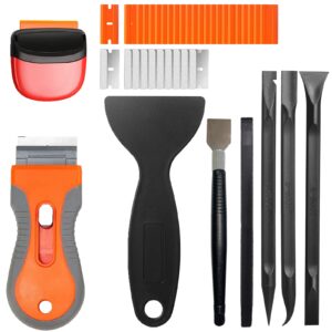 razor blade scrape, plastic scraper tools, multi-purpose paint scraper, glass cooktop scraper, scrapers for remove labels, stickers, decals, caulk, adhesive, paint, glue, stove, razor blade holder