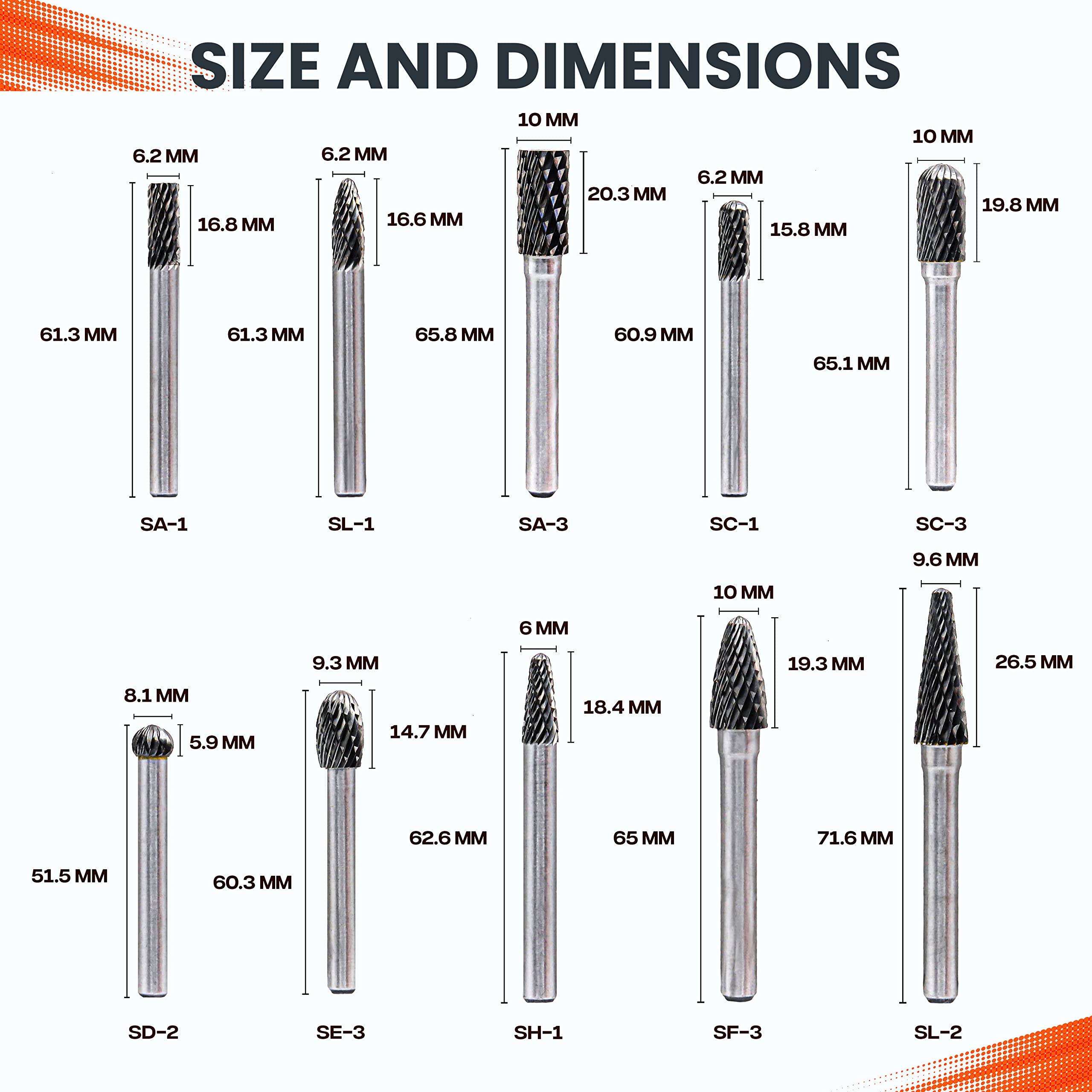 Tungsten Carbide Burr Set (YG10) – 1/4” Shank, Die Grinder Bits, Compatible with Dremel - 10 Pcs Double cut Carbide Rotary Burr Set for Grinding, Carving and Engraving