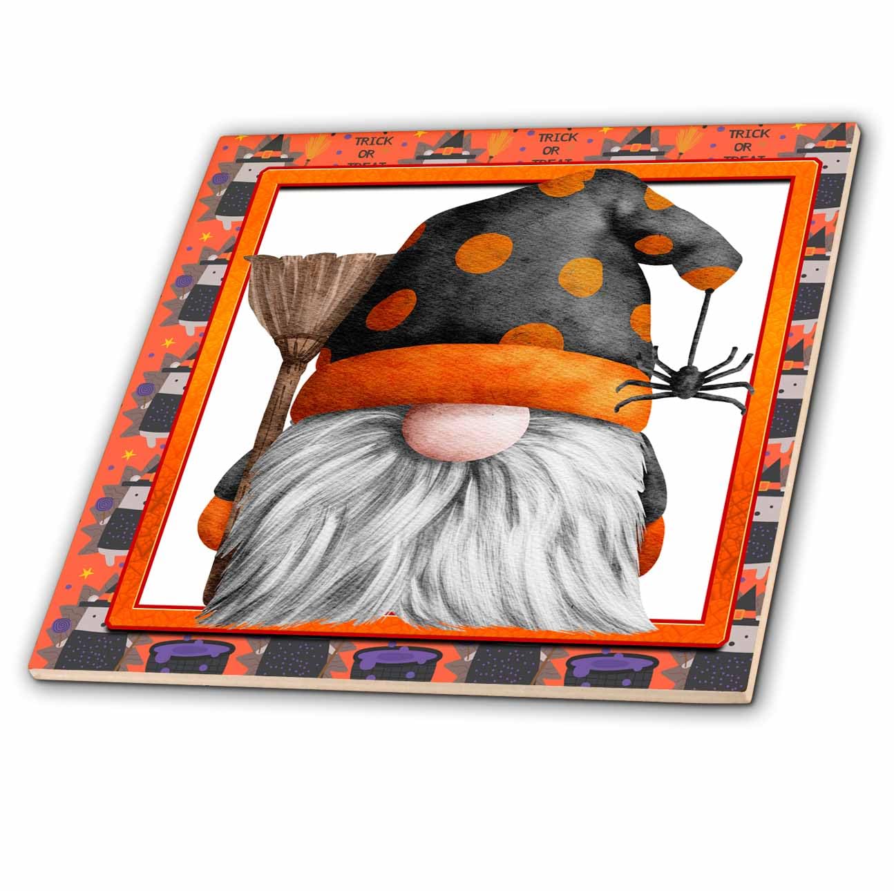 3dRose Cute Halloween Gnome with A Broom and Spider - Tiles (ct-369201-3)