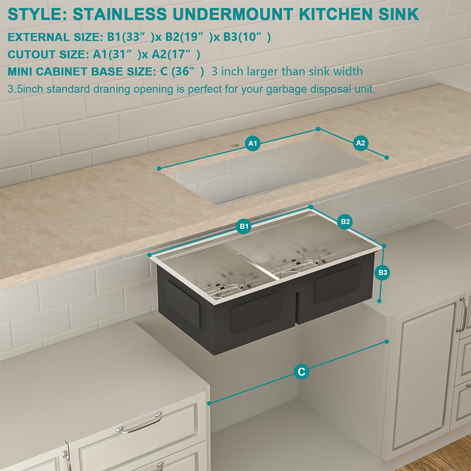 Lordear Double Bowl Kitchen Sinks 33 Inch Ledge Workstation Sink Double Bowl 60/40 Low Divide 16-Gauge Stainless Steel Undermount Kitchen Sink 33x19 Inch Deep Kitchen Sinks