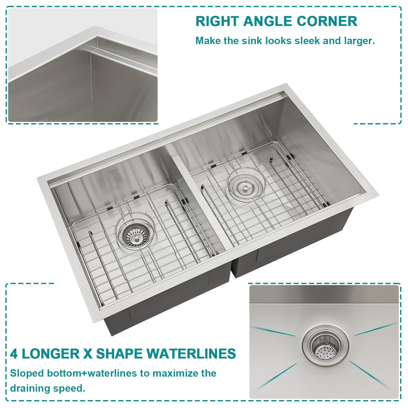 Lordear Double Bowl Kitchen Sinks 33 Inch Ledge Workstation Sink Double Bowl 60/40 Low Divide 16-Gauge Stainless Steel Undermount Kitchen Sink 33x19 Inch Deep Kitchen Sinks