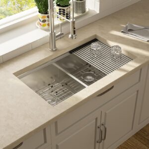 Lordear Double Bowl Kitchen Sinks 33 Inch Ledge Workstation Sink Double Bowl 60/40 Low Divide 16-Gauge Stainless Steel Undermount Kitchen Sink 33x19 Inch Deep Kitchen Sinks