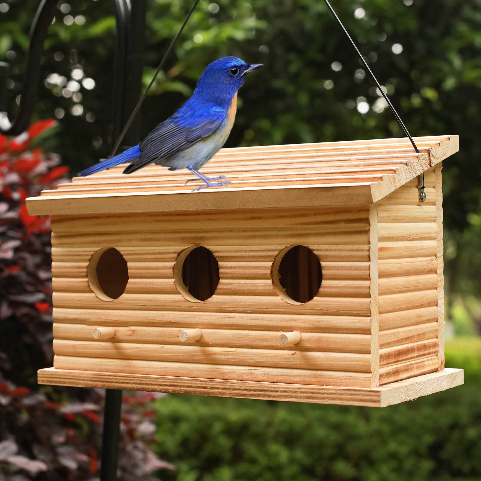 STARSWR Bird Houses for Outside,Outdoor Bird House Room for 3 Bird Families 3 Hole Bluebird Finch Cardinals Hanging Birdhouse