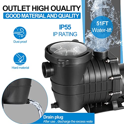 TOPDEEP 1.5 HP Pool Pump Inground, Self Primming pool pump above ground, Single Speed Swimming pool pumps Dual voltage with Strainer Basket & 2Pcs 1-1/2NPT Connectors