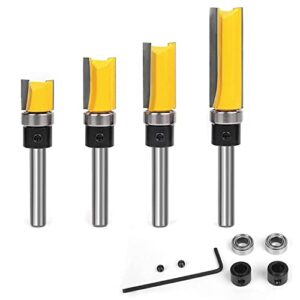 tooldo pattern flush trim bit 4 pcs router bits，top bearing flush trim bits set，1/4 inch shank ,cutting length 1/2", 3/4", 1", 1-1/2"