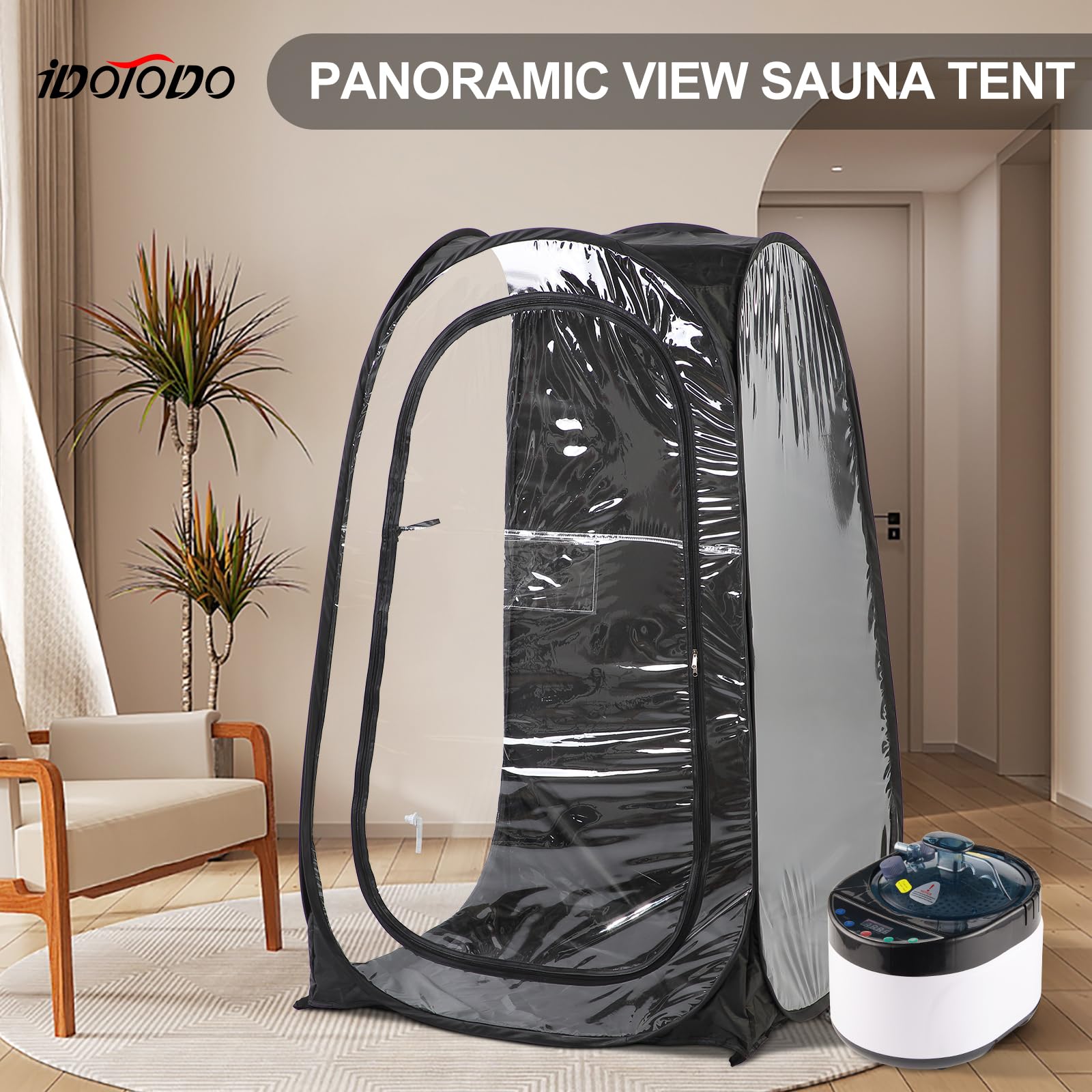 iDOTODO Full Body Portable Sauna Set, Full Size Steam Saunas for Home Personal Steam Sauna Personal Home Spa Transparent One Person Sauna, Remote Control, 4L/1500W Generator, Upgraded Foldable Chair