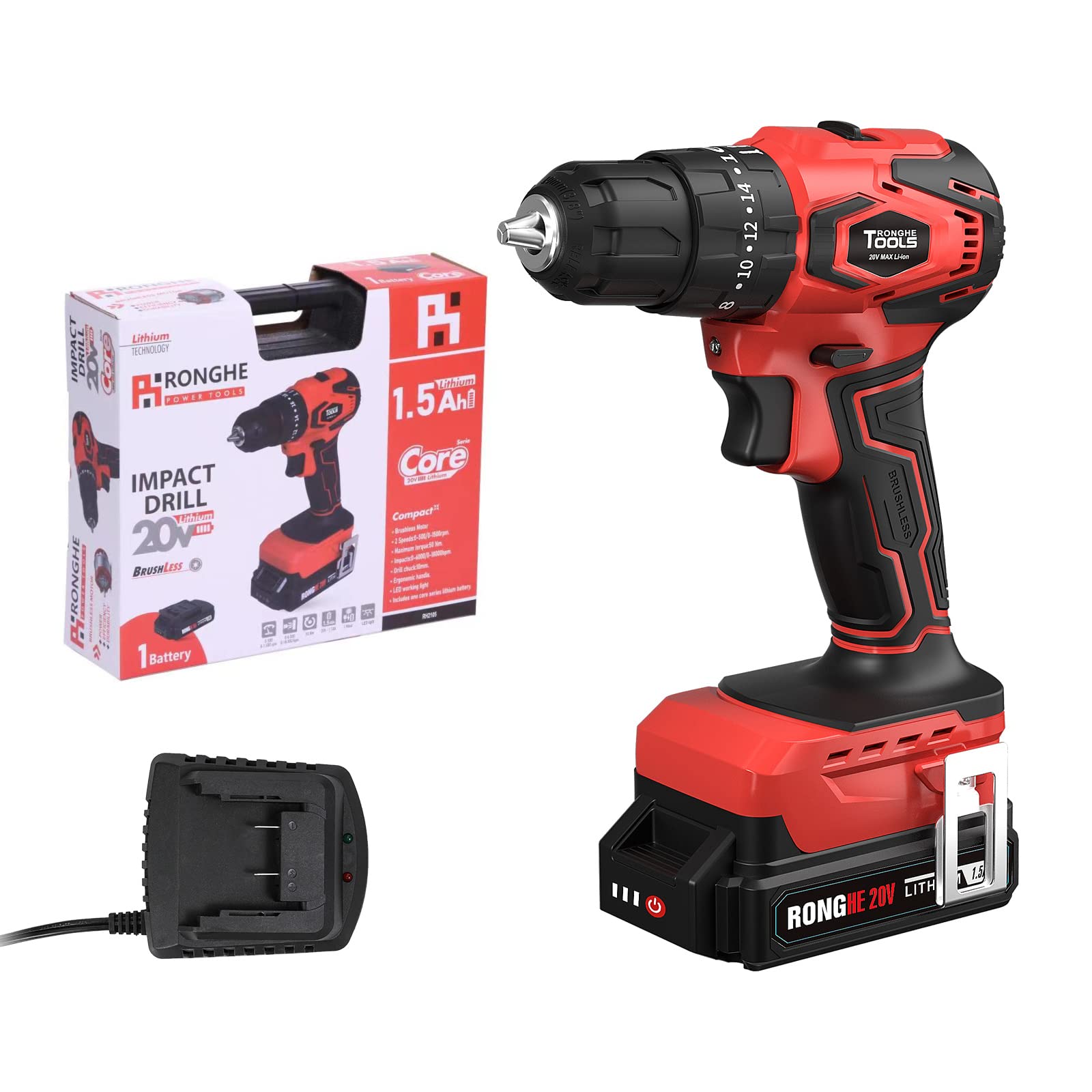 Ronghe 20V Brushless Cordless Drill, Max torque 442 In-lbs,20+3 Torque setting 3/8” Automatic Chuck, equiped with 34 pcs Drill bit set, Battery and Fast charger for Home improvement & DIY project