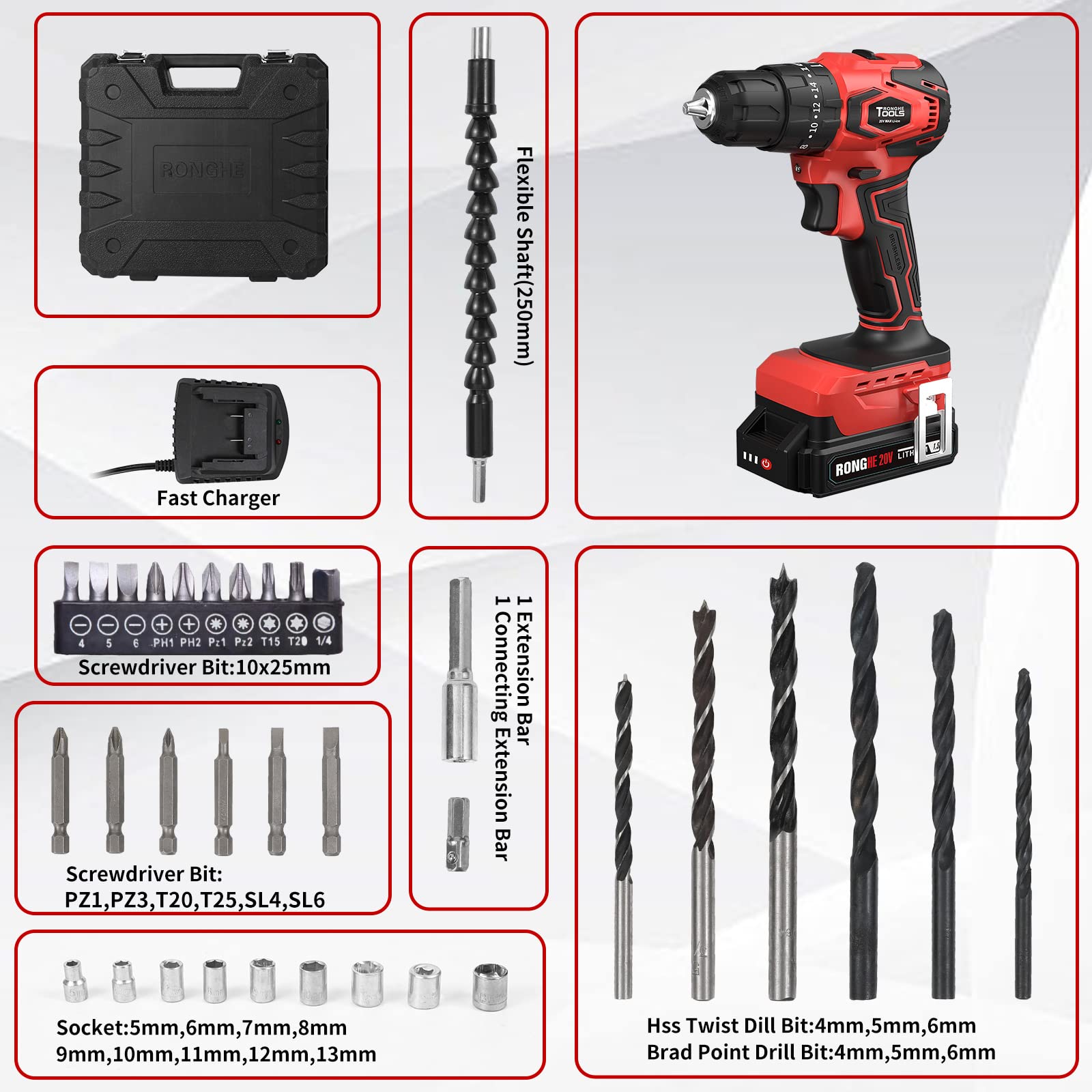 Ronghe 20V Brushless Cordless Drill, Max torque 442 In-lbs,20+3 Torque setting 3/8” Automatic Chuck, equiped with 34 pcs Drill bit set, Battery and Fast charger for Home improvement & DIY project