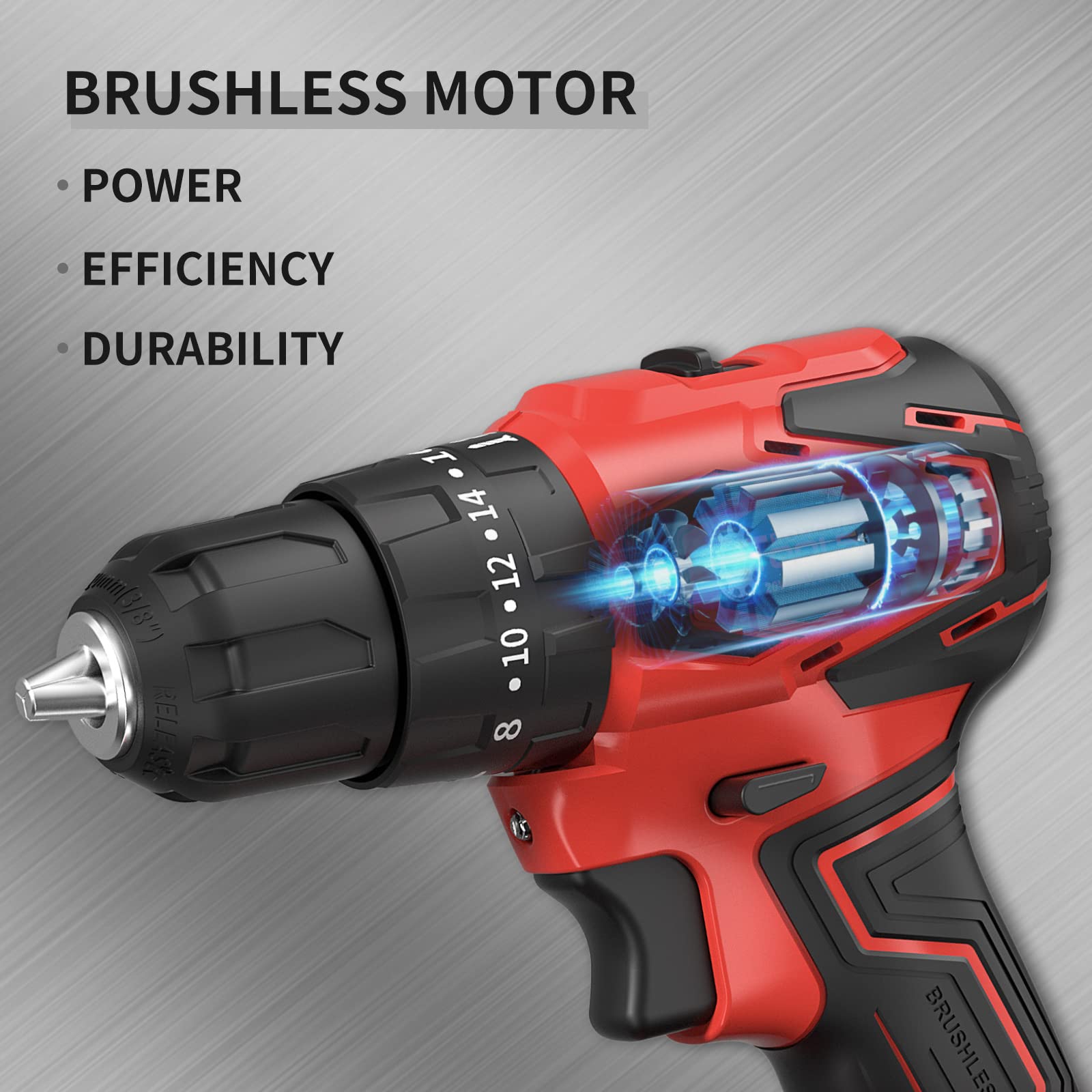 Ronghe 20V Brushless Cordless Drill, Max torque 442 In-lbs,20+3 Torque setting 3/8” Automatic Chuck, equiped with 34 pcs Drill bit set, Battery and Fast charger for Home improvement & DIY project