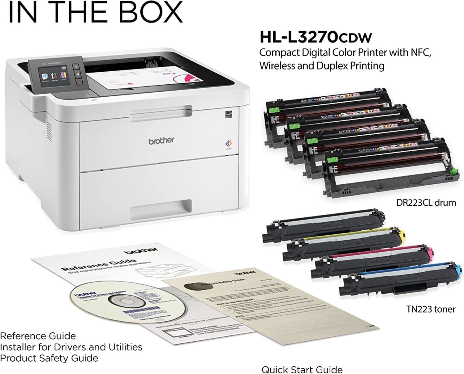 Brother Color HL-L3270CDW Compact Wireless Digital Laser Printer with NFC - Print Only - 2.7" Touchscreen, 25 ppm, 2400 x 600 dpi, Auto Duplex Printing, 250 Sheet, Ethernet, Tillsiy Printer Cable