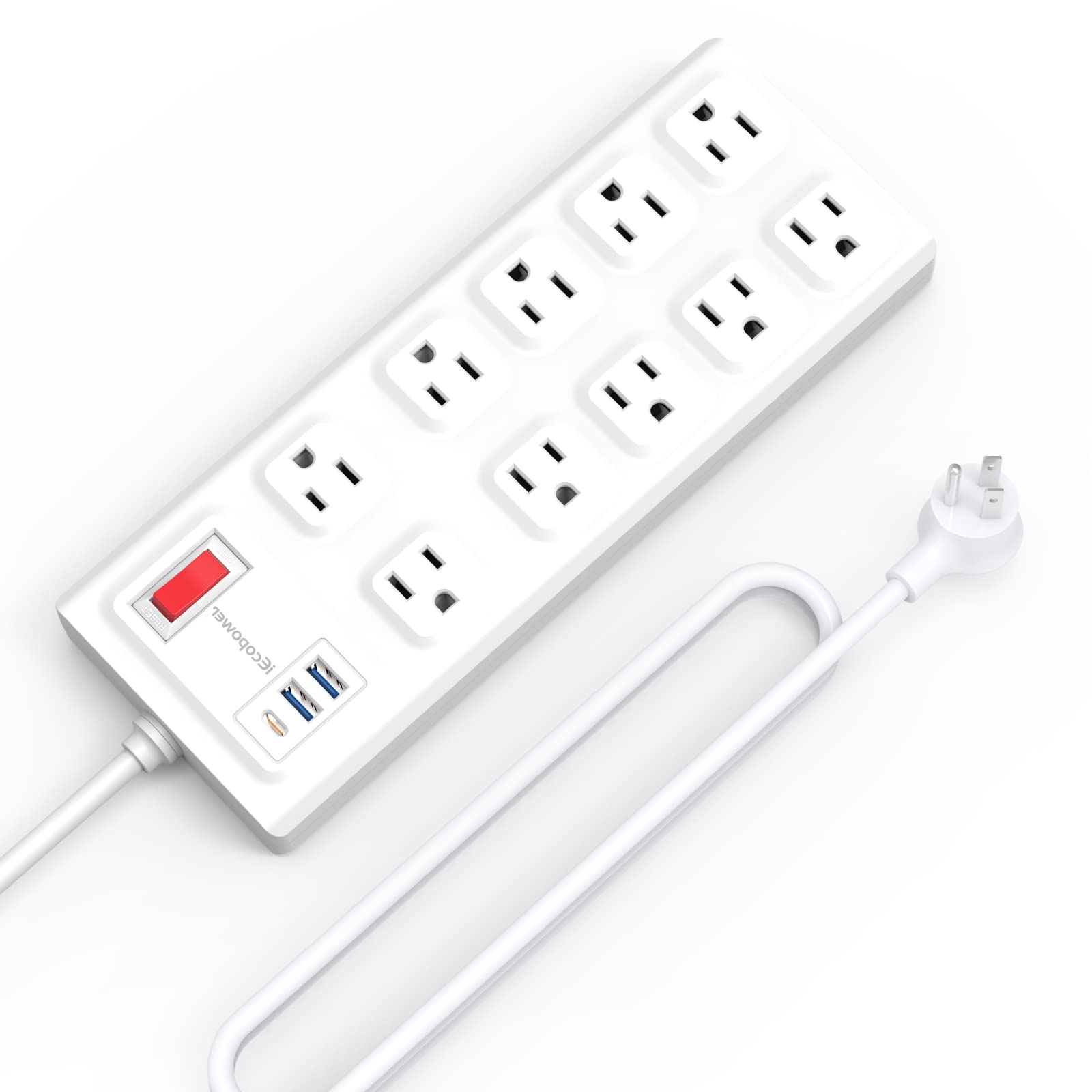 6 Ft Surge Protector Power Strip - 10 Widely Outlets with 3 USB Ports（1 USB C Port）, Flat Plug Heavy Duty Extension Cord(1875W/15A), Wall Mount, 2800 J, ETL,White