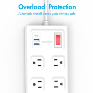 6 Ft Surge Protector Power Strip - 10 Widely Outlets with 3 USB Ports（1 USB C Port）, Flat Plug Heavy Duty Extension Cord(1875W/15A), Wall Mount, 2800 J, ETL,White