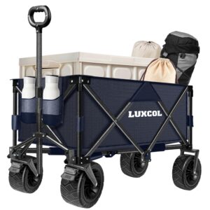 luxcol collapsible folding wagon, heavy duty utility beach wagon cart for sand with big wheels, adjustable handle&drink holders for shopping, camping,garden and outdoor