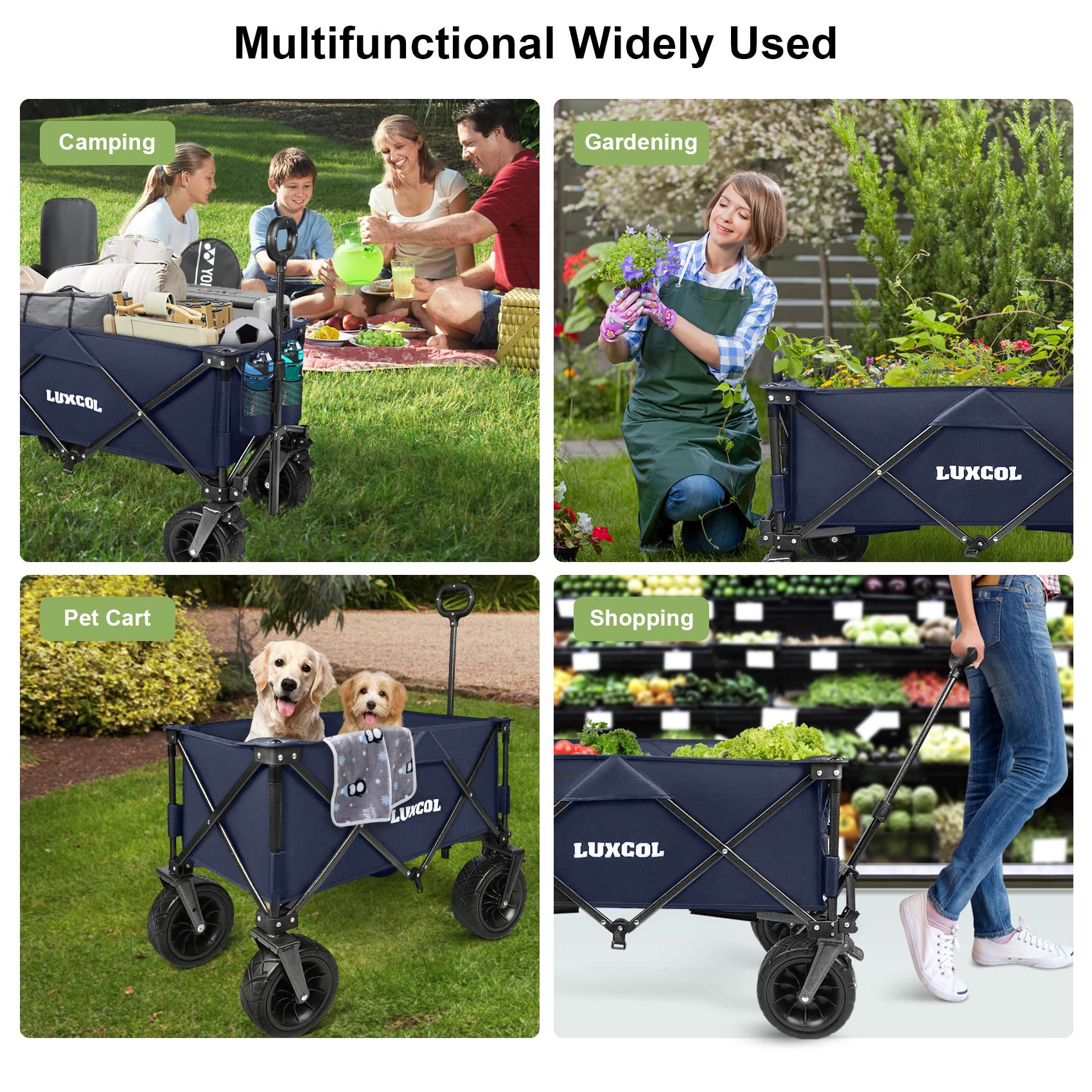 LUXCOL Collapsible Folding Wagon, Heavy Duty Utility Beach Wagon Cart for Sand with Big Wheels, Adjustable Handle&Drink Holders for Shopping, Camping,Garden and Outdoor