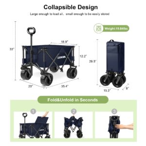 LUXCOL Collapsible Folding Wagon, Heavy Duty Utility Beach Wagon Cart for Sand with Big Wheels, Adjustable Handle&Drink Holders for Shopping, Camping,Garden and Outdoor