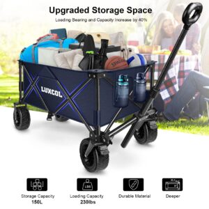 LUXCOL Collapsible Folding Wagon, Heavy Duty Utility Beach Wagon Cart for Sand with Big Wheels, Adjustable Handle&Drink Holders for Shopping, Camping,Garden and Outdoor