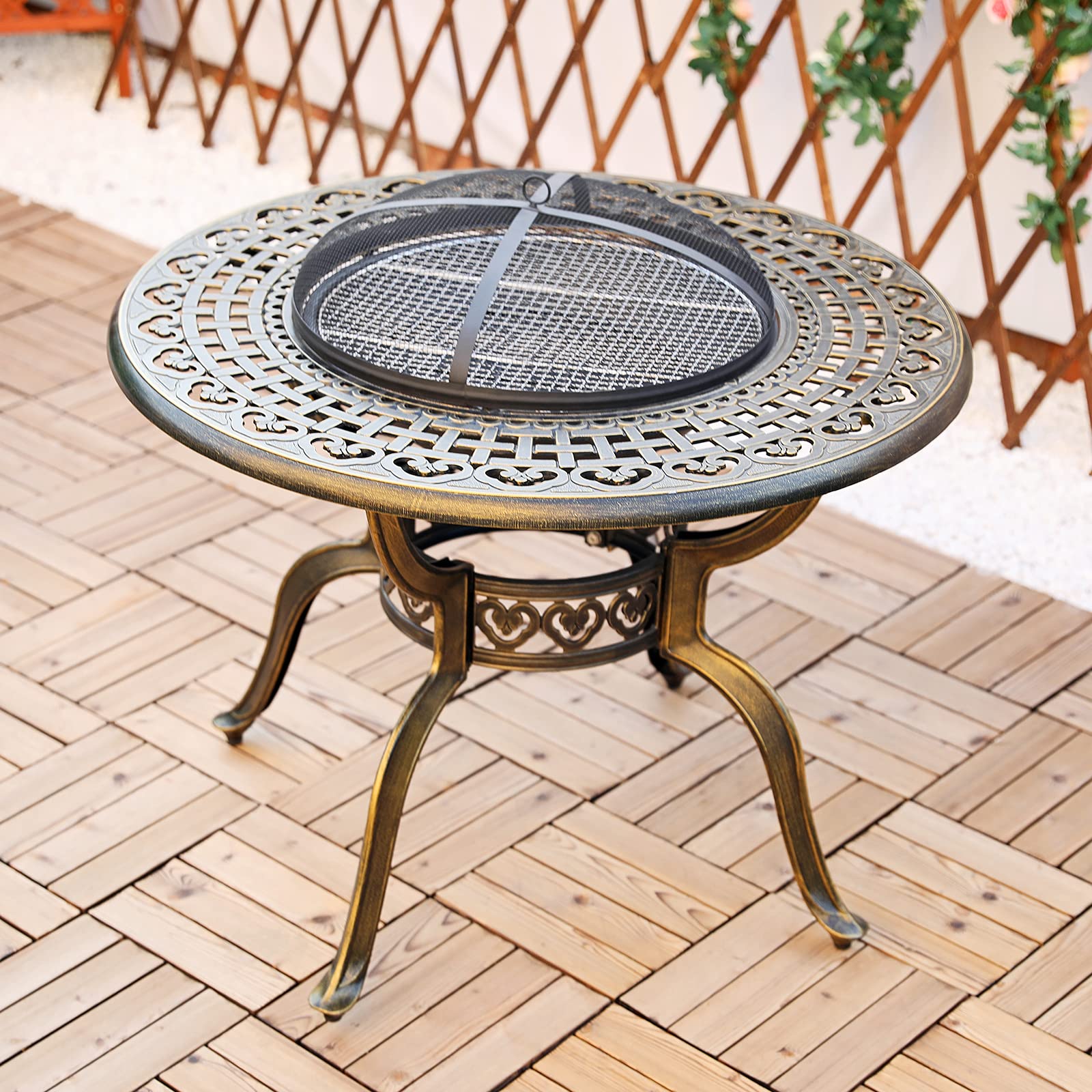 VIVIJASON 40.3" Patio Round Fire Pit Dining Table Charcoal/Wood Burning Outdoor Cast Aluminum Furniture Table with Fire Bowl, Cooking BBQ Grill, Wood Grate, Spark Screen and Poker for Backyard Lawn