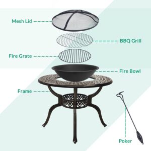 VIVIJASON 40.3" Patio Round Fire Pit Dining Table Charcoal/Wood Burning Outdoor Cast Aluminum Furniture Table with Fire Bowl, Cooking BBQ Grill, Wood Grate, Spark Screen and Poker for Backyard Lawn