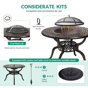 VIVIJASON 40.3" Patio Round Fire Pit Dining Table Charcoal/Wood Burning Outdoor Cast Aluminum Furniture Table with Fire Bowl, Cooking BBQ Grill, Wood Grate, Spark Screen and Poker for Backyard Lawn