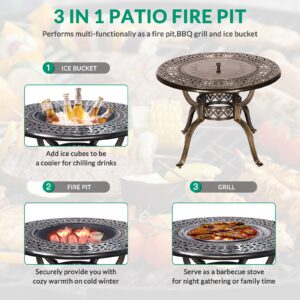 VIVIJASON 40.3" Patio Round Fire Pit Dining Table Charcoal/Wood Burning Outdoor Cast Aluminum Furniture Table with Fire Bowl, Cooking BBQ Grill, Wood Grate, Spark Screen and Poker for Backyard Lawn