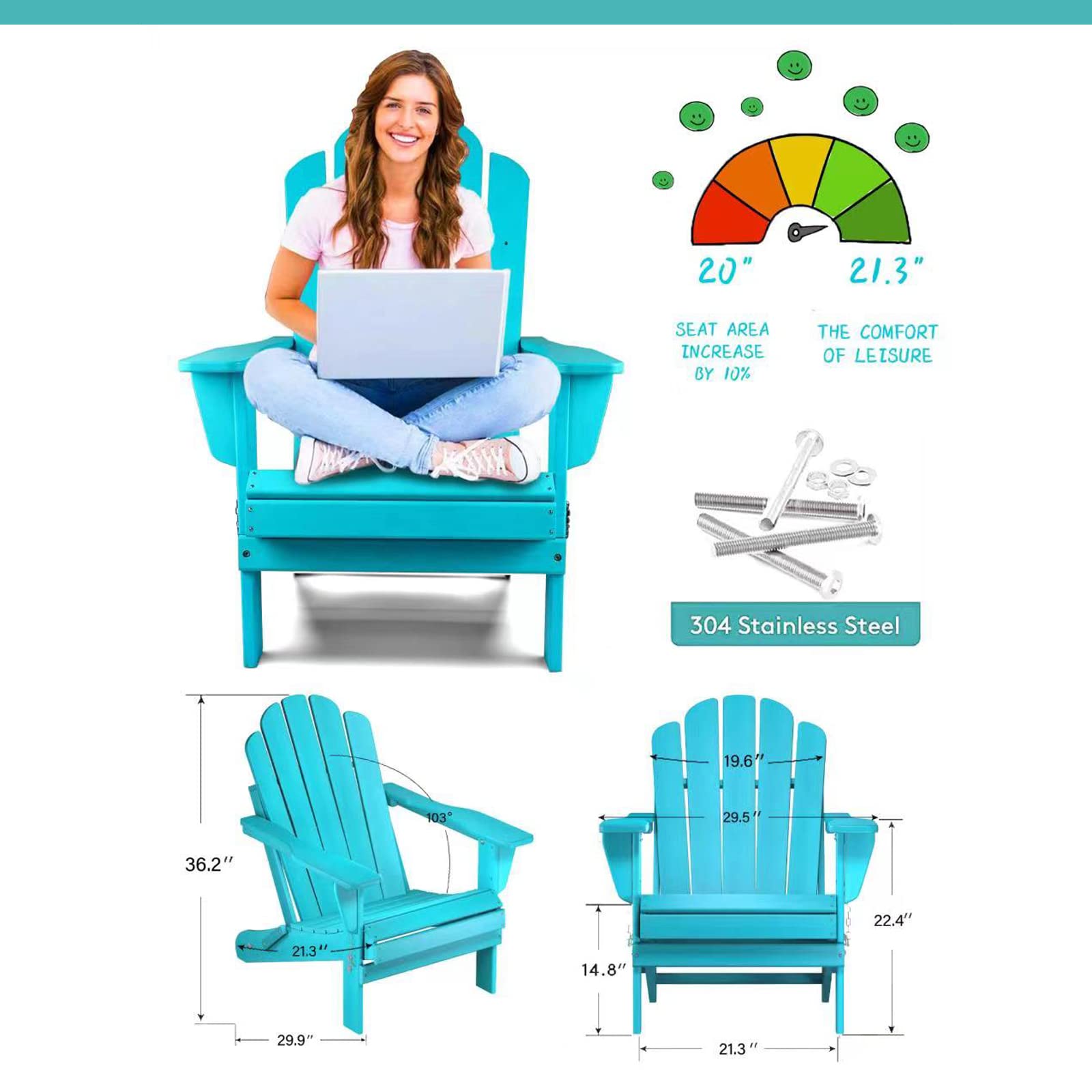 Aoorun Fan Shaped 5-Piece backrest, 420lbs, Widened seat, All Weather Resistant, Foldable HDPE Recyclable Plastic Adirondack Chair-Blue