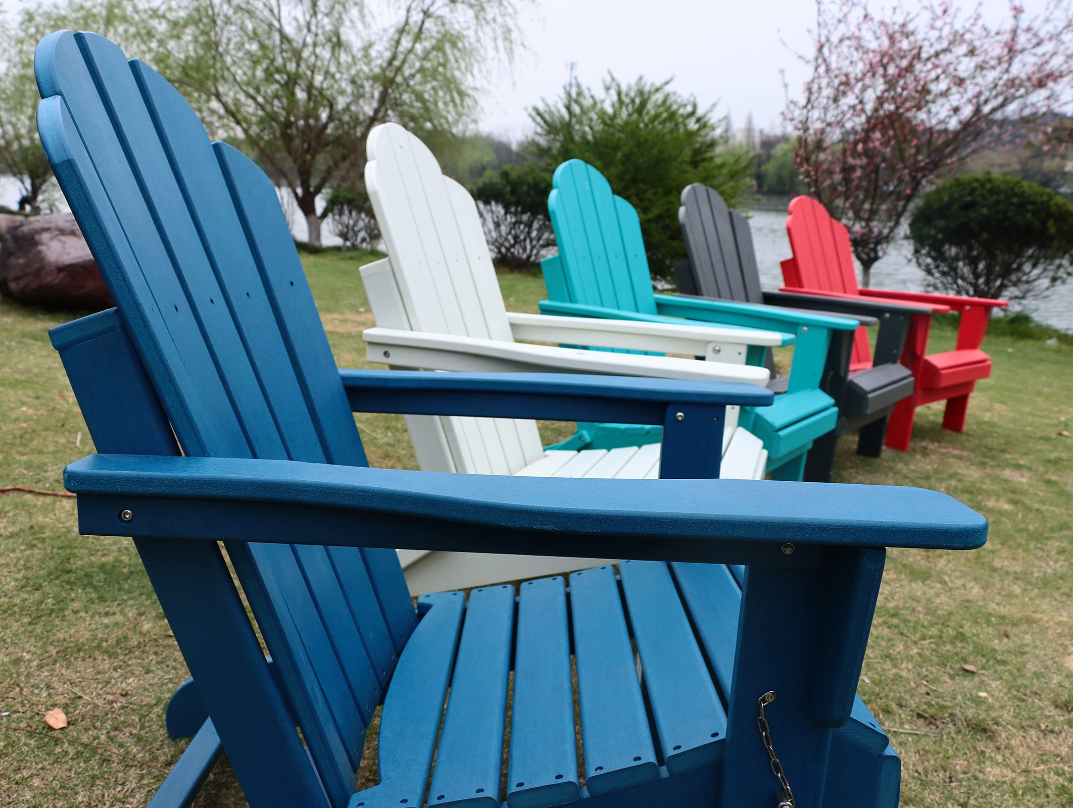 Aoorun Fan Shaped 5-Piece backrest, 420lbs, Widened seat, All Weather Resistant, Foldable HDPE Recyclable Plastic Adirondack Chair-Blue