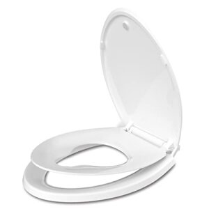 elongated toilet seat with toddler seat built in, slow close, quick release, never loosen, heavy duty, white