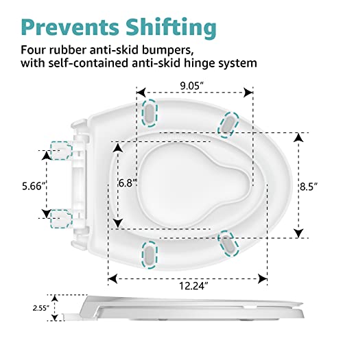 Elongated Toilet Seat with Toddler Seat Built In, Slow Close, Quick Release, Never Loosen, Heavy Duty, White