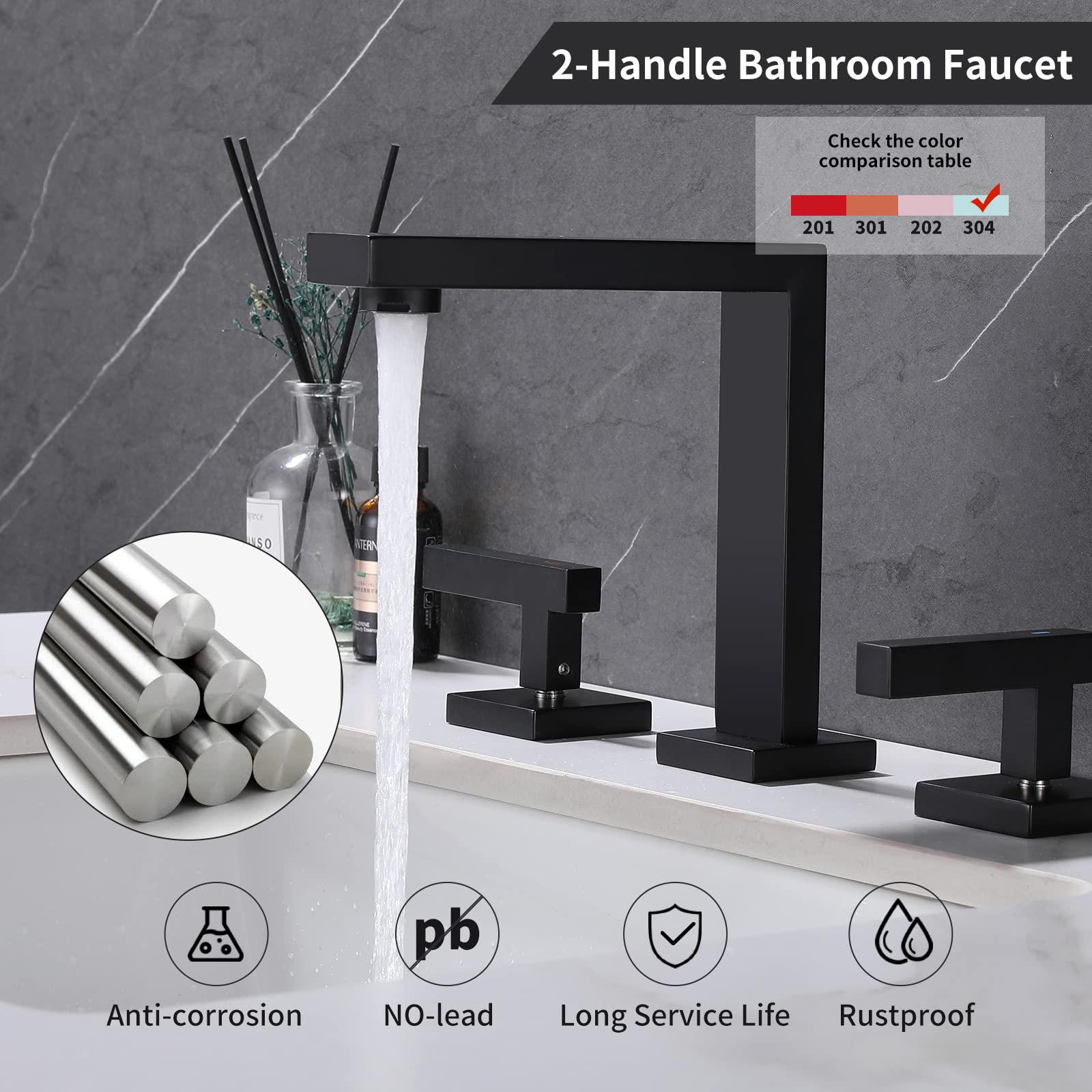 Taucent Black Bathroom Sink Faucet 3-Hole,Modern 8-Inch Bathroom Vanity Faucet 2-Handle Widespread Touch On Bathroom with Overflow Pop Up Drain