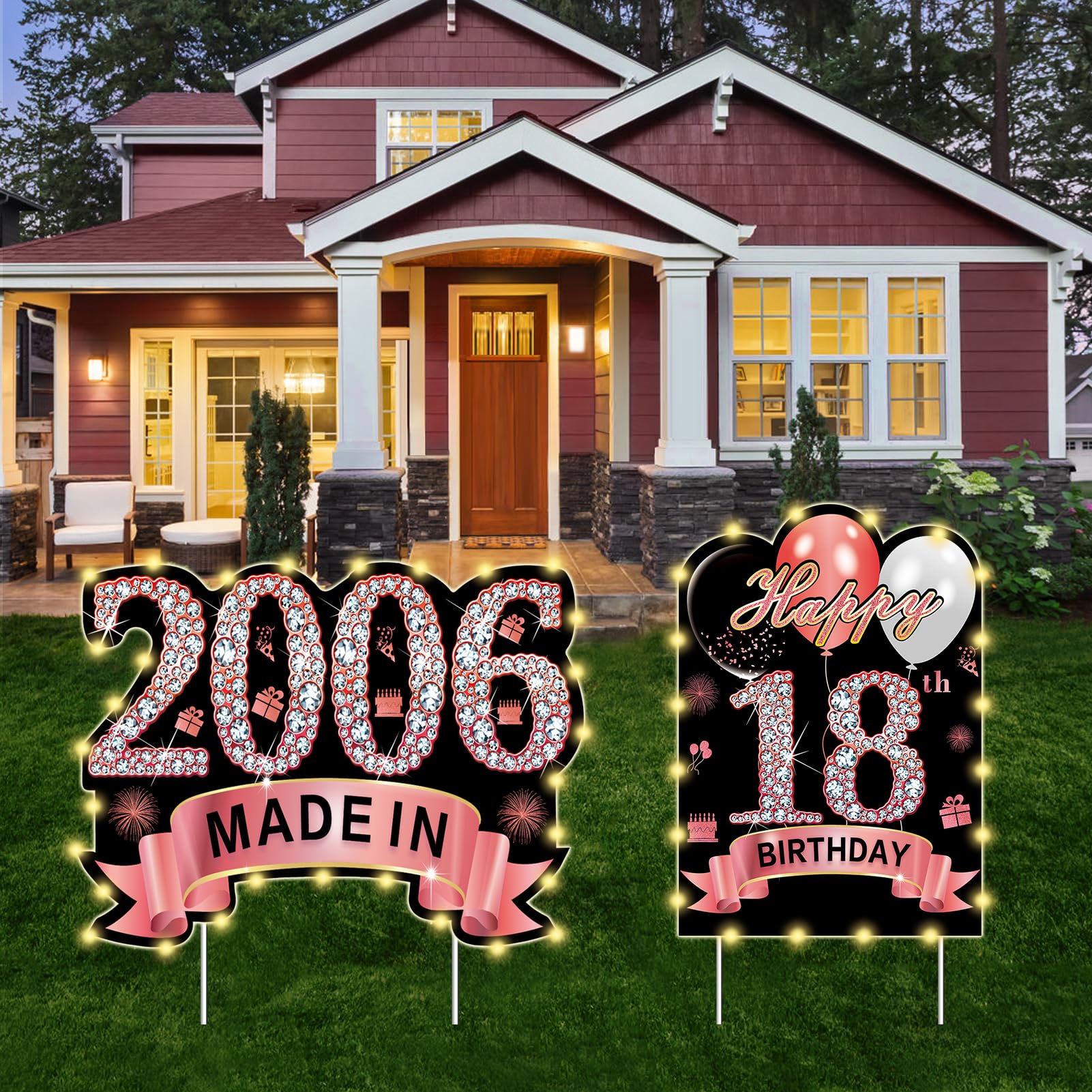 2Pcs Rose Gold 18th Birthday Yard Sign Decoration with String Lights for Girl, Happy 18 Birthday Made in 2006 Lawn Sign Party Supplies, Eighteen Year Old Birthday with Lights Yard Decor with Stakes