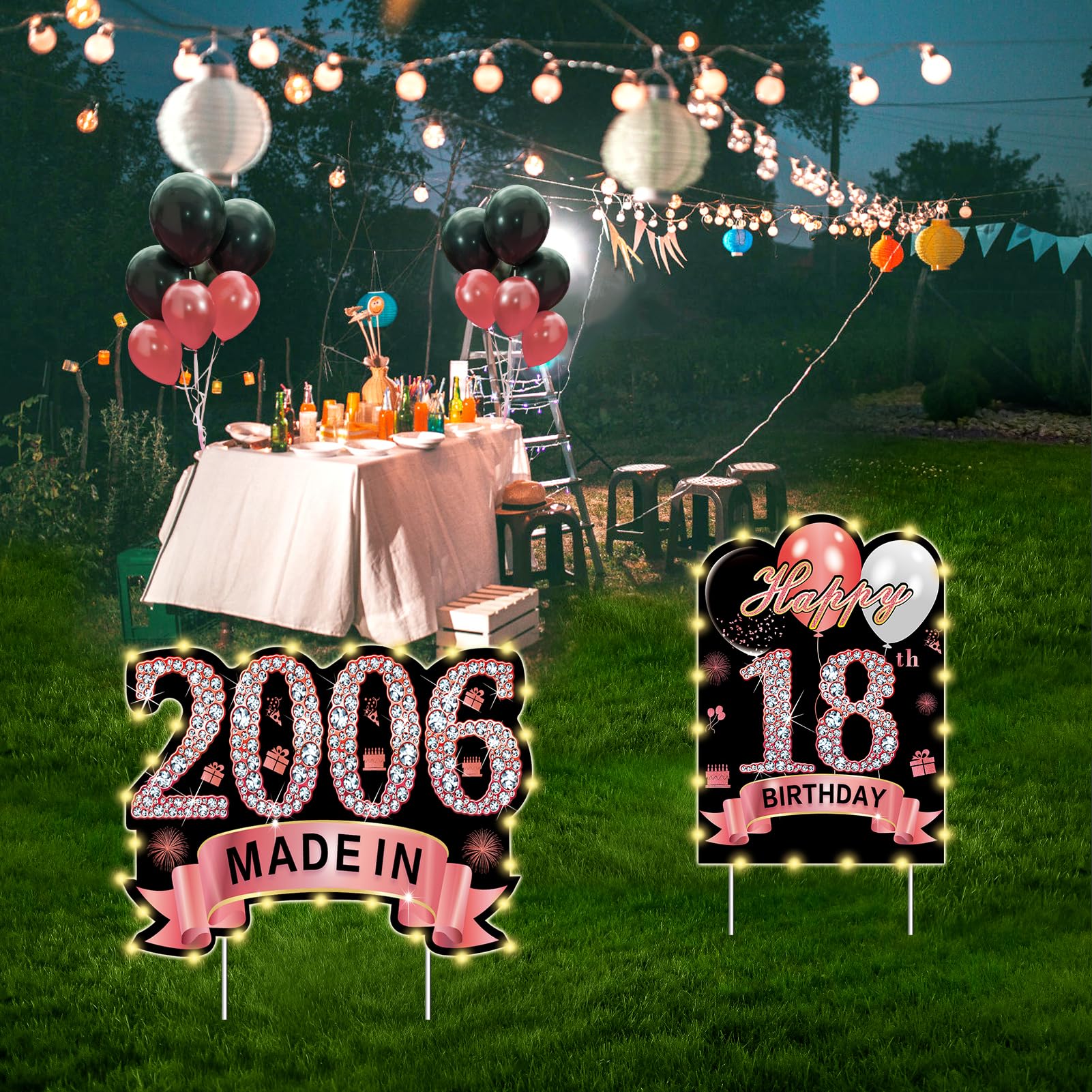 2Pcs Rose Gold 18th Birthday Yard Sign Decoration with String Lights for Girl, Happy 18 Birthday Made in 2006 Lawn Sign Party Supplies, Eighteen Year Old Birthday with Lights Yard Decor with Stakes