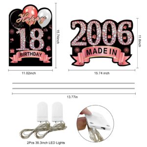 2Pcs Rose Gold 18th Birthday Yard Sign Decoration with String Lights for Girl, Happy 18 Birthday Made in 2006 Lawn Sign Party Supplies, Eighteen Year Old Birthday with Lights Yard Decor with Stakes