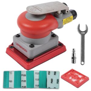 pneumatic random orbital sander 3 x 4-inch light weight palm sander 1/8" (3 mm) diameter orbit 10000 rpm with extra backing pad 12pcs sandpaper